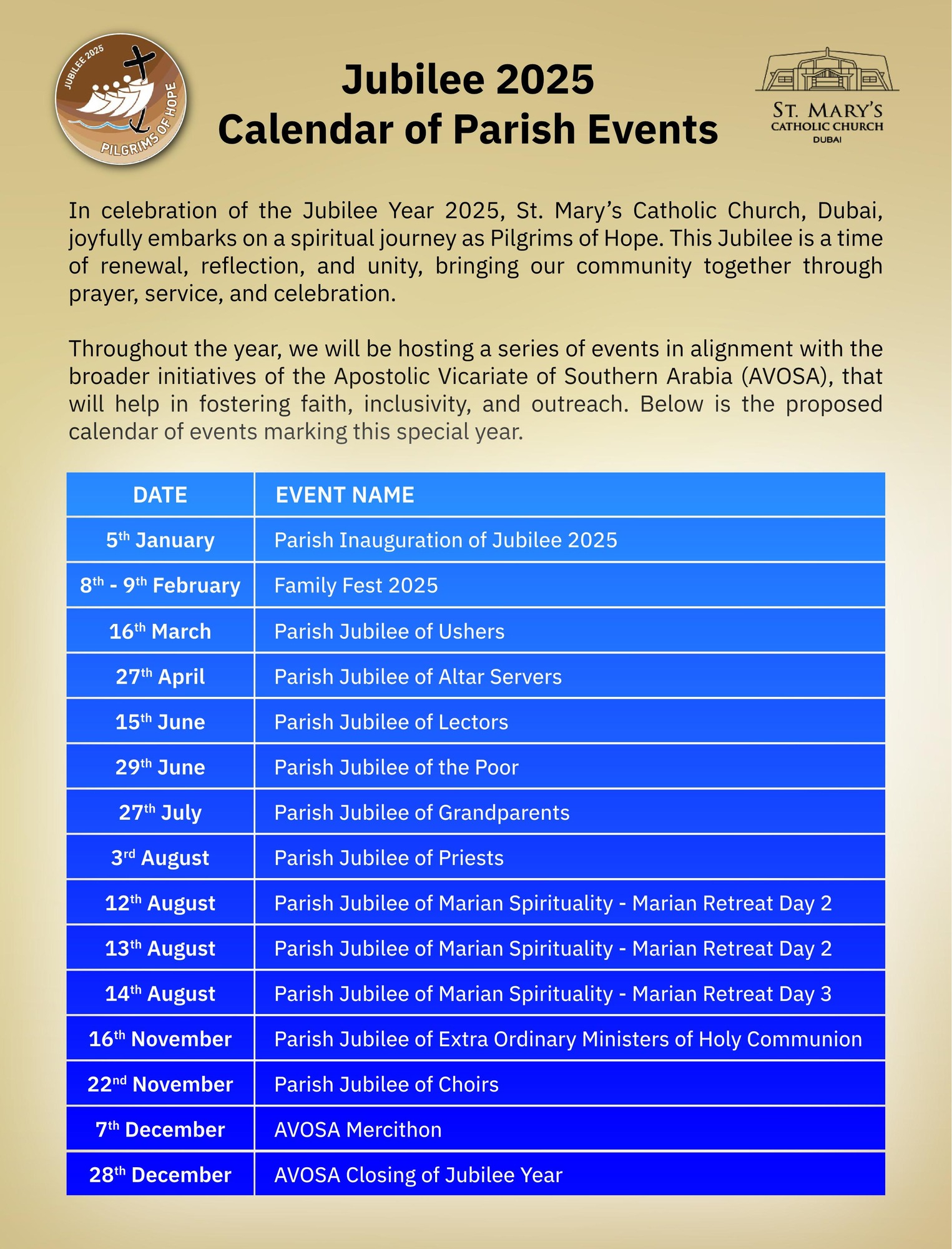 Parish Jubilee Events - St. Mary's Catholic Church - Dubai, UAE
